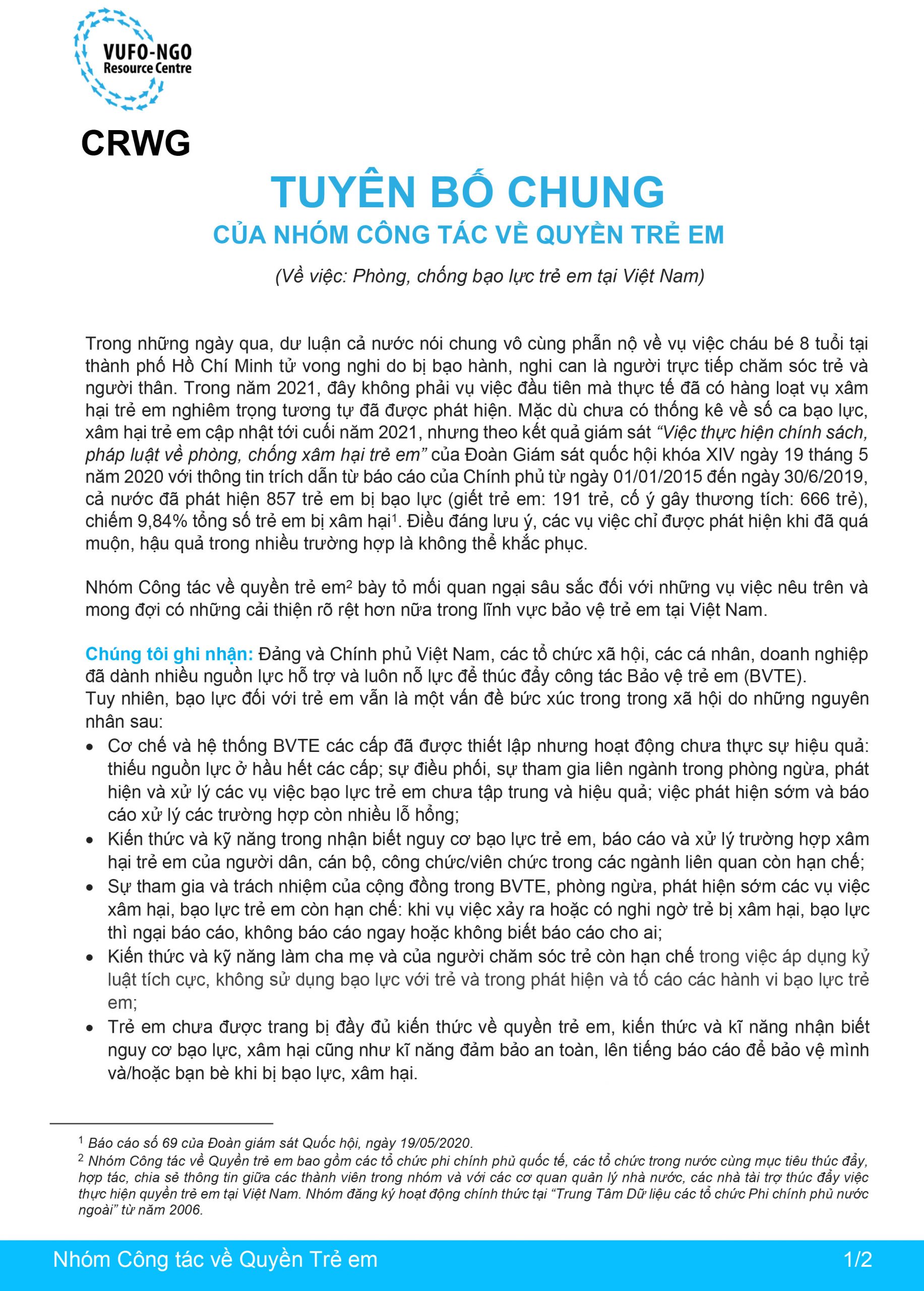 Tuyên bố chung của Nhóm Công tác về quyền trẻ em về Phòng, chống bạo ...